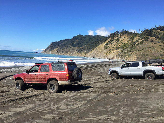 At Usal Beach, four-wheel-drive isn't just recommended—it's part of the adventure. Where golden hills meet dark sand, your vehicle becomes your coastal companion on California's wildest shoreline.
