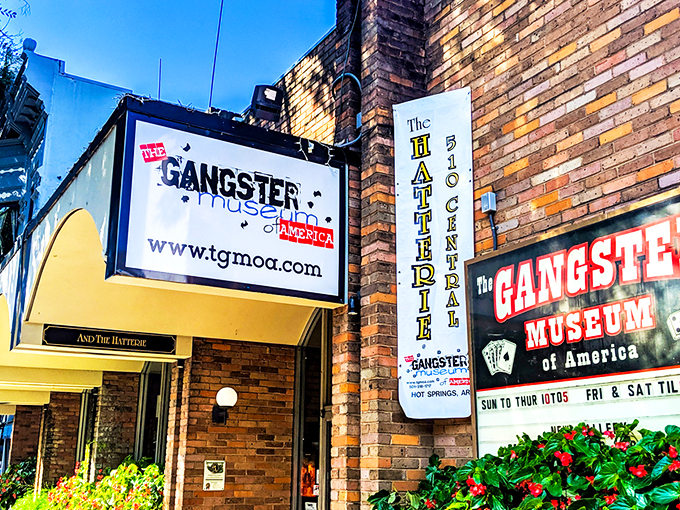 The brick facade and vintage signage beckon like a secret password into Hot Springs' scandalous past. Step inside—the tommy guns don't bite!
