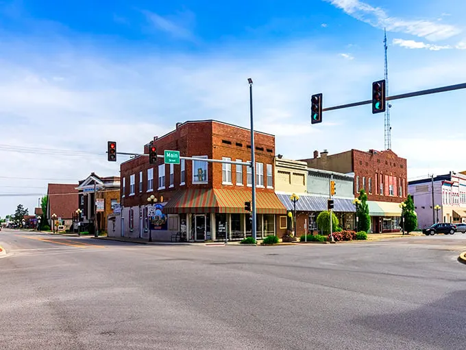 Downtown Casey welcomes you with classic Midwest charm, red brick buildings standing proud against blue skies like sentinels of small-town hospitality.