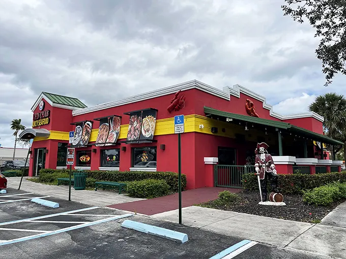 The vibrant red exterior isn't subtle, but neither is the flavor explosion waiting inside. Like a seafood siren calling you home.