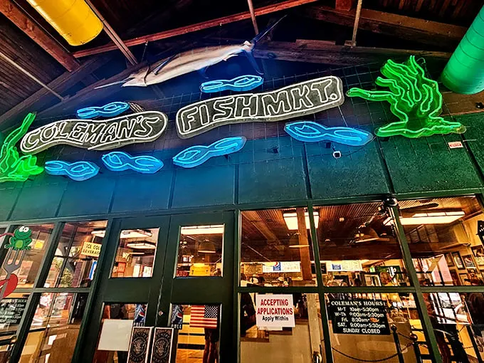 That neon sign isn't just illumination—it's a beacon of hope for seafood lovers stranded in landlocked West Virginia.
