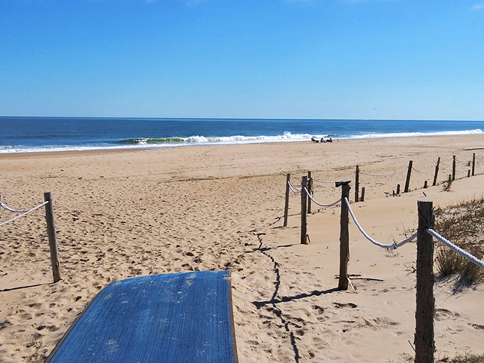 The path to paradise isn't paved—it's a sandy walkway leading to pristine shoreline where the Atlantic stretches endlessly before you.