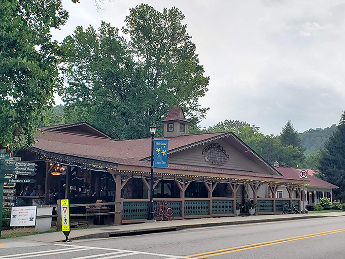 Betty's Country Store stands proud along Helen's Main Street, a rustic wooden oasis promising treasures both edible and essential beneath its charming Alpine-inspired roofline.