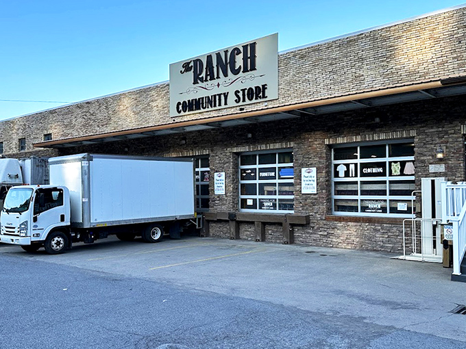 The brick facade of The Ranch Community Store promises adventure within—like the cover of a mystery novel where every page turn reveals another treasure.
