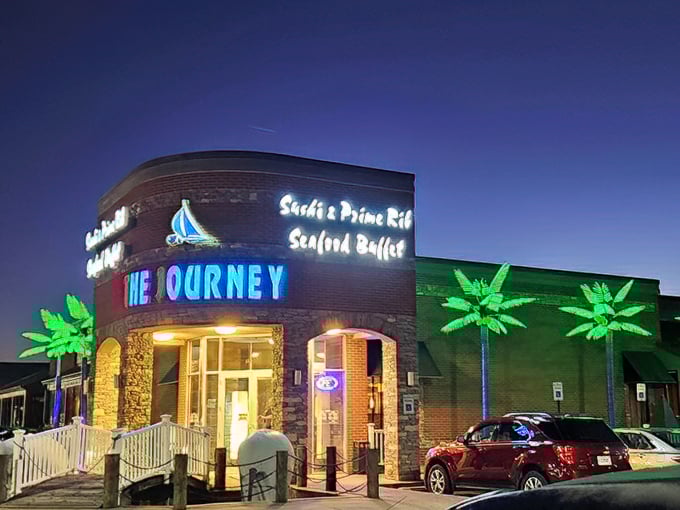 The Journey's distinctive curved brick exterior with nautical touches promises a culinary adventure before you even step inside. Those decorative palm trees aren't lying—something special awaits.