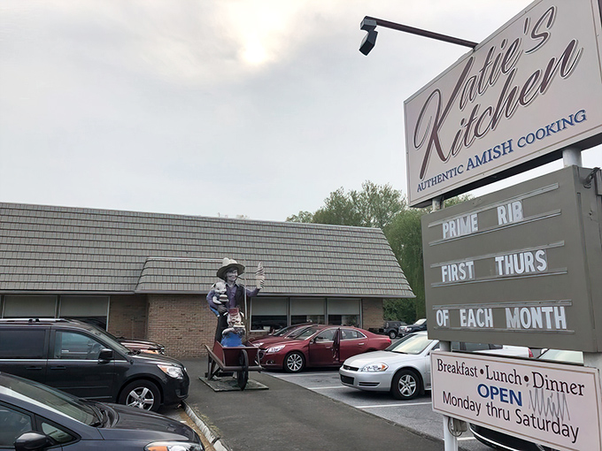 Katie's Kitchen welcomes hungry travelers with its unassuming charm and a sign promising "Authentic Amish Cooking" – a promise it delivers on spectacularly. 