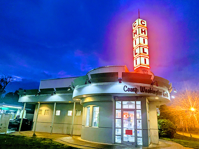 The iconic vertical CHILI sign has been a beacon for hungry Cincinnatians since 1940, standing tall at the corner of Colerain and Hopple.