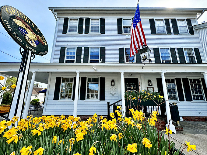 The white clapboard exterior of The Griswold Inn stands proudly in Essex, its patriotic bunting and antique wagon announcing: history happened here, and it was delicious.