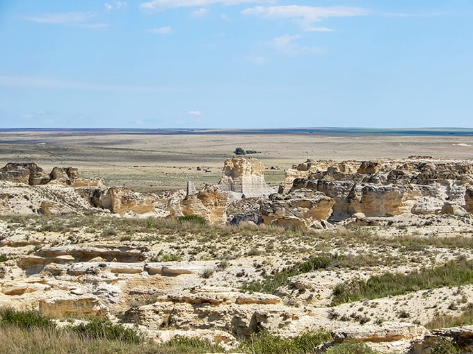 The geological drama of Little Jerusalem unfolds like nature's own amphitheater, where 85-million-year-old chalk formations tell their ancient sea story against the vast Kansas sky.