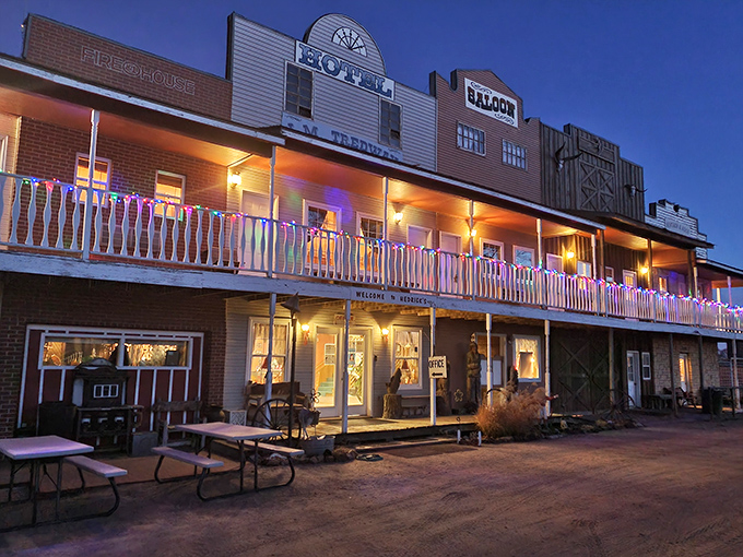 The Old West comes alive at twilight, when Hedrick's façade glows with string lights like a frontier town waiting for your arrival.
