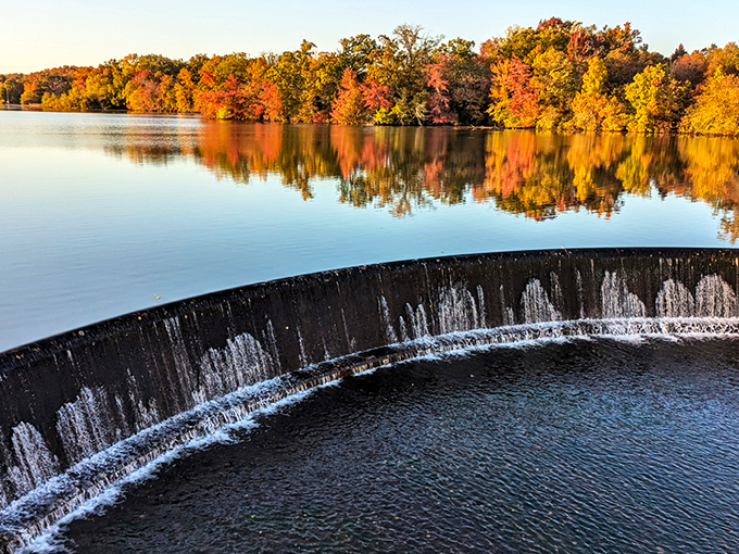 Fall's fiery palette reflects perfectly on Parvin Lake's glass-like surface—nature's double feature that no Instagram filter could improve.