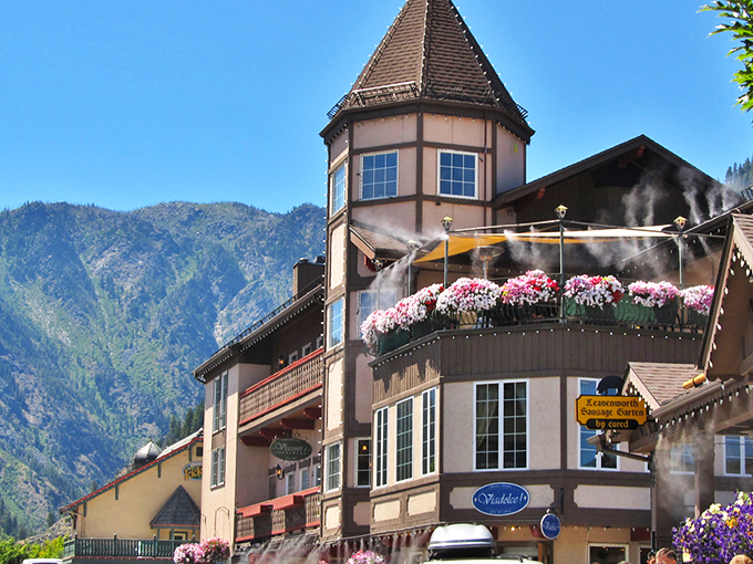 Bavarian architecture meets Pacific Northwest skies as Leavenworth's charming downtown invites visitors to wander among its timber-framed buildings and mountain views. 