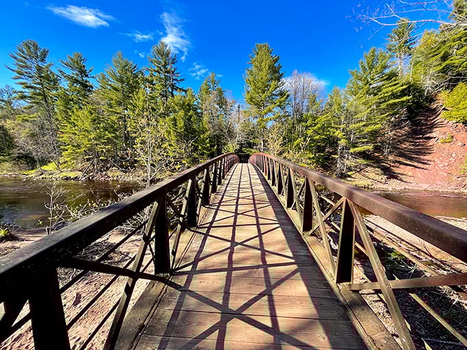 These wooden staircases aren't just functional—they're time machines taking you deeper into Wisconsin's emerald cathedral of pines and birch.