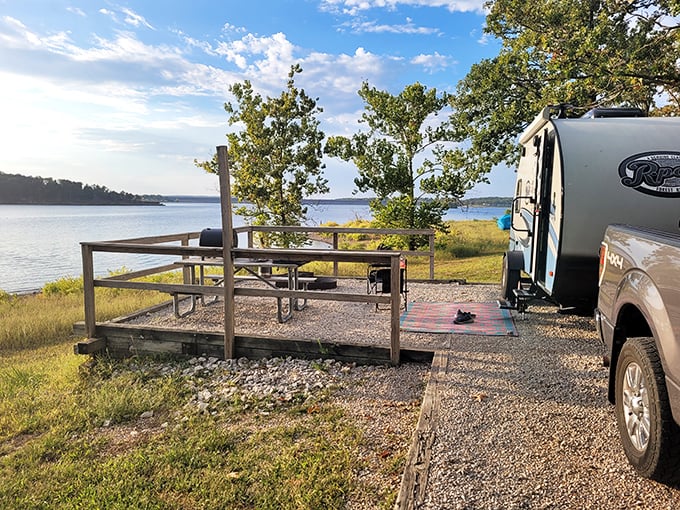 Crystal-clear waters meet endless blue skies at Pomme de Terre's pristine beach area, where Missouri proves it doesn't need an ocean to create paradise.