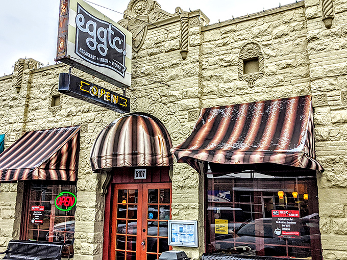 The stone façade of eggtc. with its charming striped awnings feels like discovering a secret breakfast society you've always wanted to join.