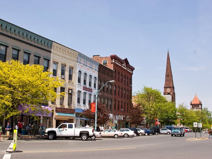 Historic brick architecture with a distinctive turret corner dominates downtown Northampton, where old-world charm meets modern retail sensibilities without breaking the bank.