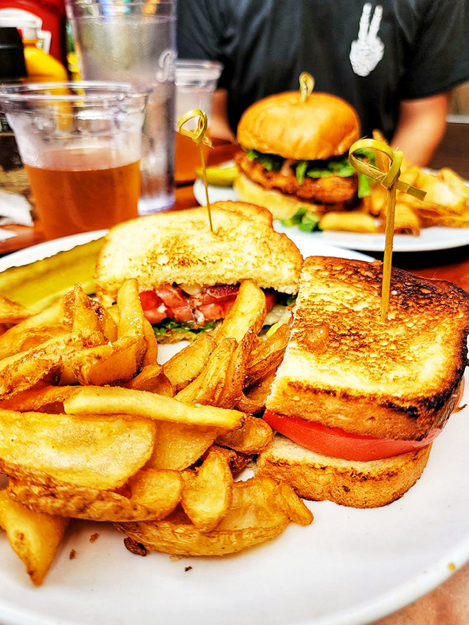 The humble grilled sandwich, elevated to artform status – where bread achieves that perfect golden hue and the fries stand at attention alongside.