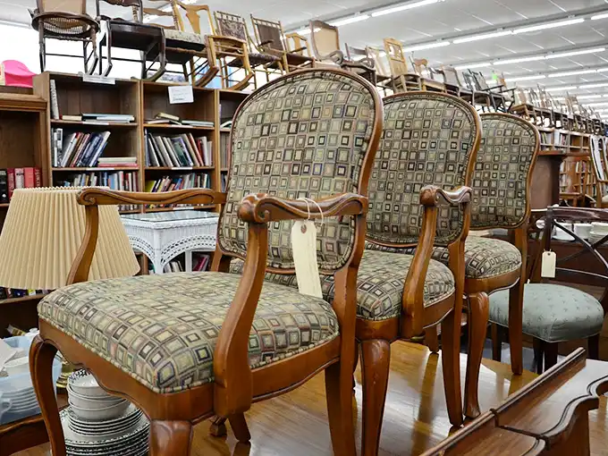 These dignified dining chairs have seen better days and better decades, yet still maintain their aristocratic bearing among the thrift store chaos.
