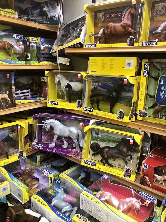 Horse figurines gallop across shelves in suspended animation. Breyer horses—the gateway collectible that's launched a thousand childhood obsessions