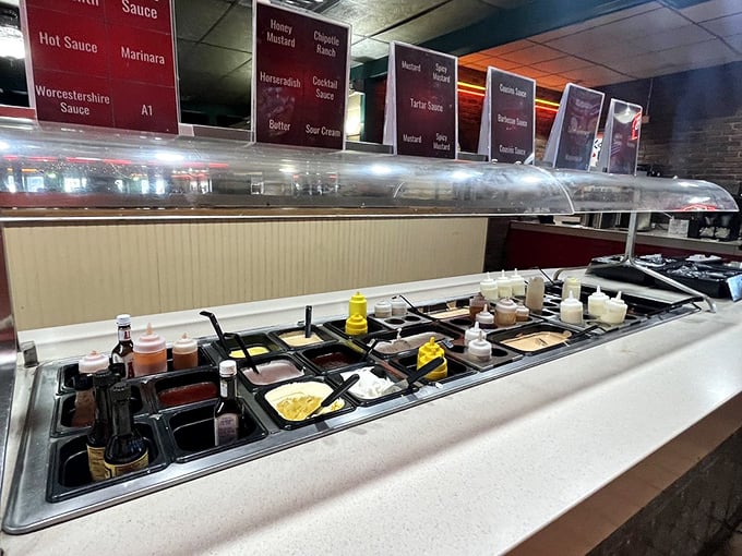 The legendary toppings bar—where burger dreams are realized and restraint goes to die. Choose wisely, my friends.