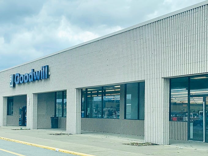 Goodwill's corrugated metal exterior – humble on the outside, treasure trove on the inside.