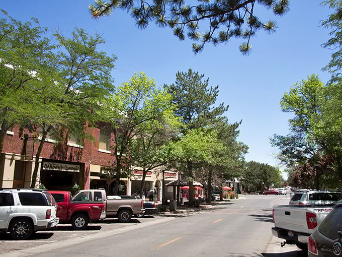 Twin Falls' tree-lined Main Street offers shady sidewalks perfect for window shopping at local businesses. The abundance of greenery contributes to the town's picturesque appeal in all seasons.