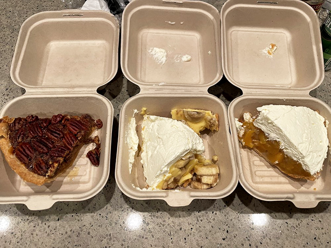 The holy trinity of Apple Pan pies – pecan, banana cream, and apple – a dessert decision that's harder than choosing between streaming services.