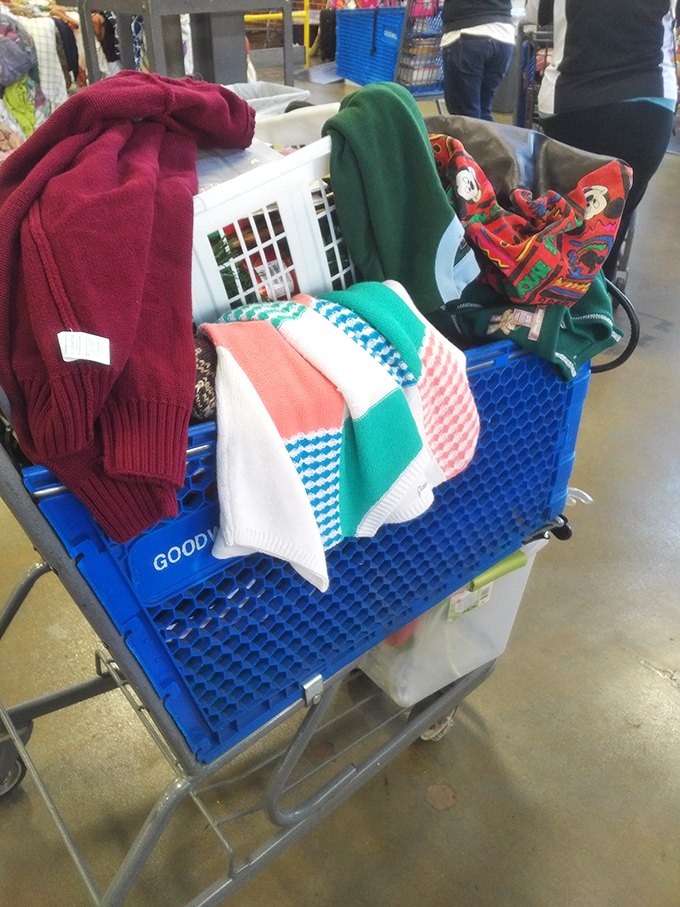 The thrill of the hunt captured in a shopping cart – each colorful sweater represents potential style reborn at a fraction of retail prices.