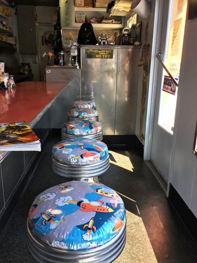 These whimsical rocket-themed stools aren't just seating—they're your personal transport pods to flavor town, lined up and ready for boarding.