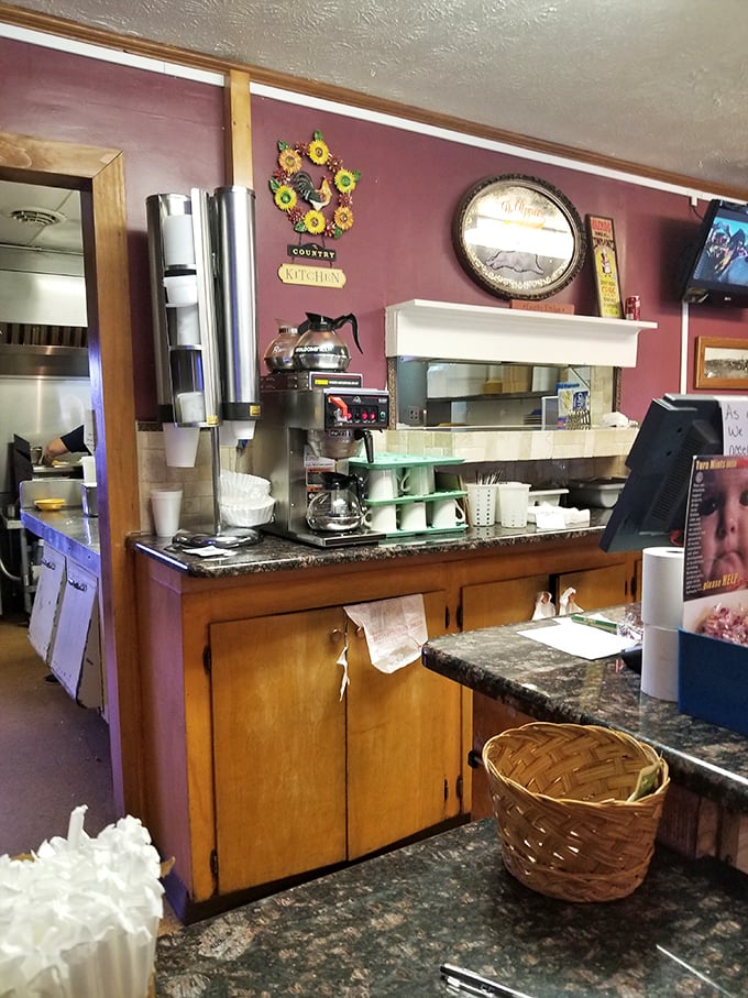 The coffee station—command central of any respectable diner. Note the well-worn counters that have supported elbows and coffee mugs through countless mornings.