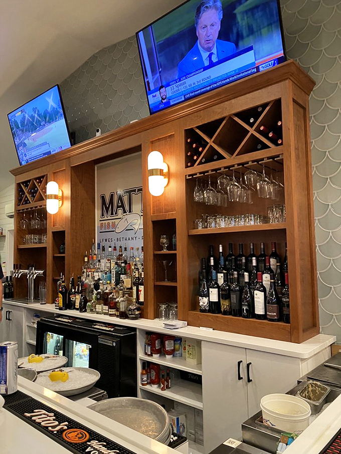 The bar's fish scale tile backdrop isn't just Instagram-worthy – it's a subtle reminder that you're about to enjoy something that once swam.