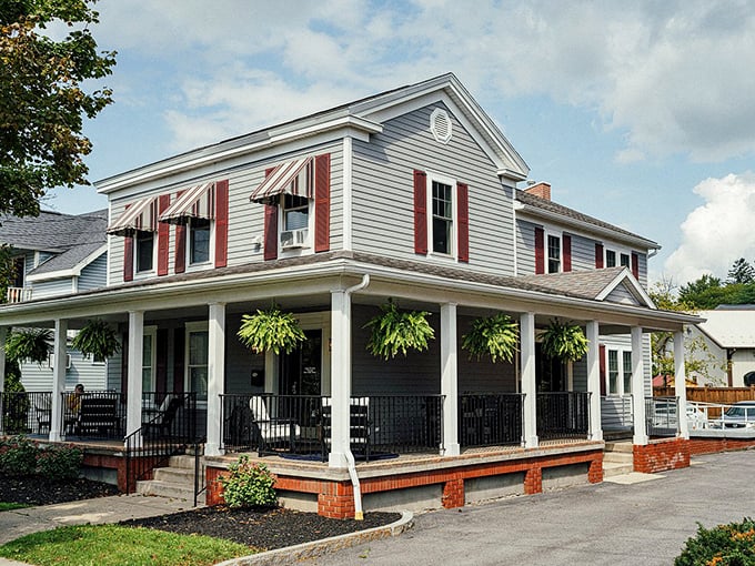 The wraparound porch of this stately home-turned-restaurant practically begs you to sit awhile with coffee and pastry, watching lake life unfold.