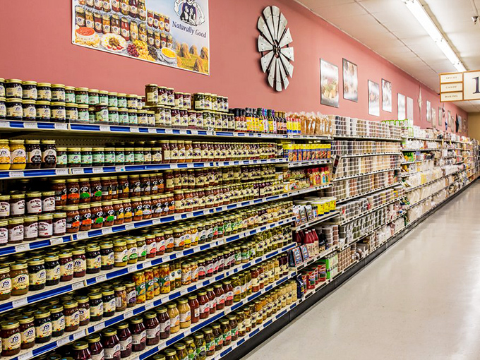 A wall of preserved summer that makes you realize your pantry at home is sadly underprepared for culinary emergencies.