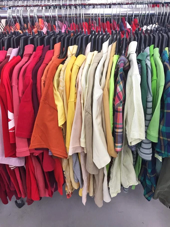 A rainbow of cotton possibilities! These color-coordinated shirts create the most satisfying visual feast for the organizationally inclined thrifter.