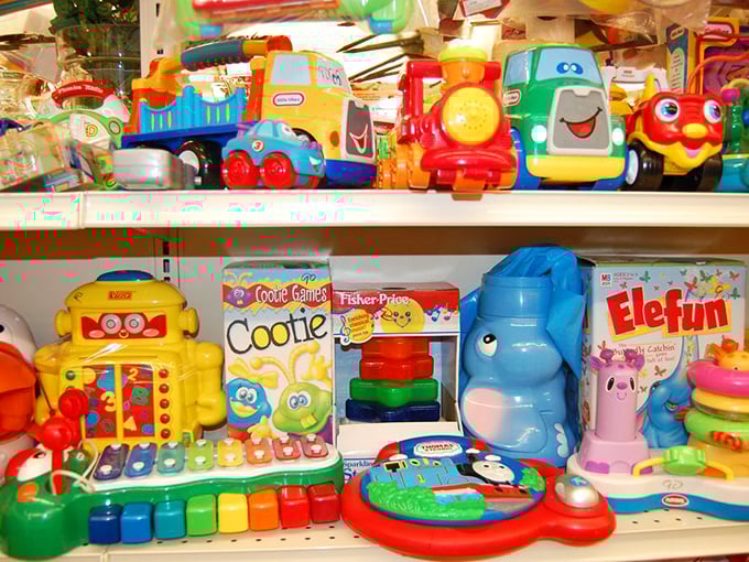Yesterday's toys waiting for tomorrow's playtime—Fisher-Price classics that have survived decades of enthusiastic youngsters.