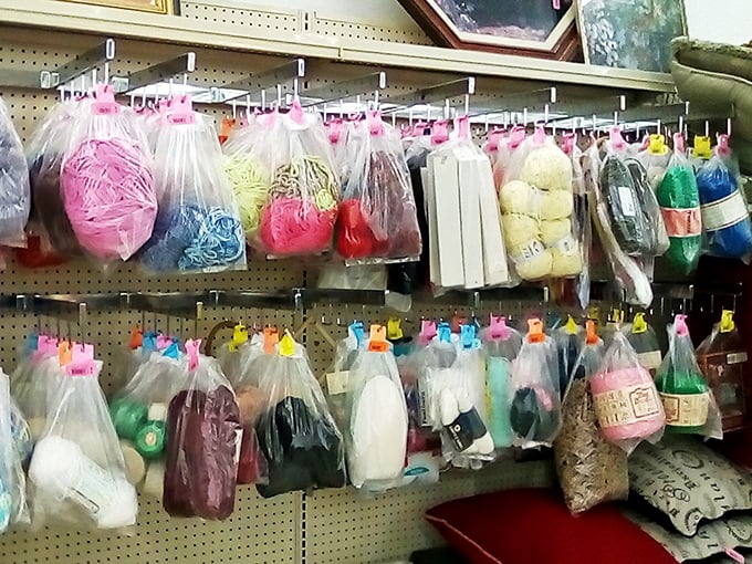 Craft supplies in their natural habitat—each bag containing someone's abandoned project and your future weekend obsession.
