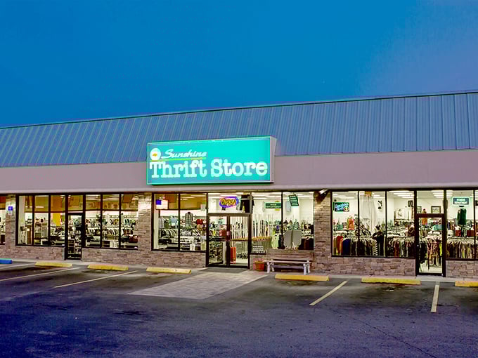 Even at twilight, Sunshine Thrift's glowing sign beckons Tampa bargain hunters for one last treasure search.