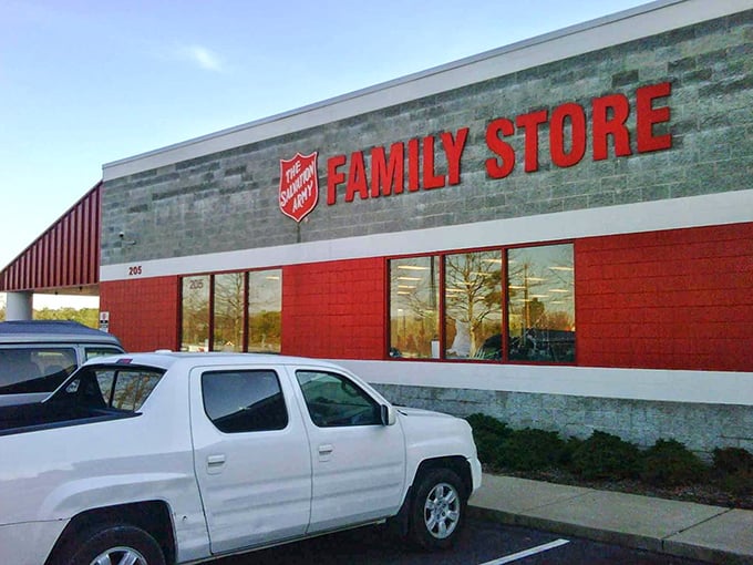 This isn't just a thrift store—it's a community institution in striking red. Bargain hunting with a side of purpose!