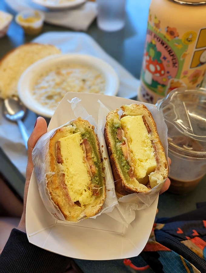 Breakfast meets art form with this egg sandwich. The kind of morning fuel that makes you wonder why anyone bothers with green smoothies.