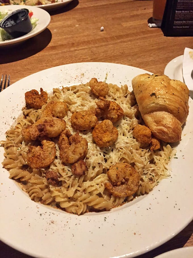 Firecracker shrimp dancing across creamy pasta—proof that mac and cheese was just waiting for the right seafood to take it from side dish to showstopper.