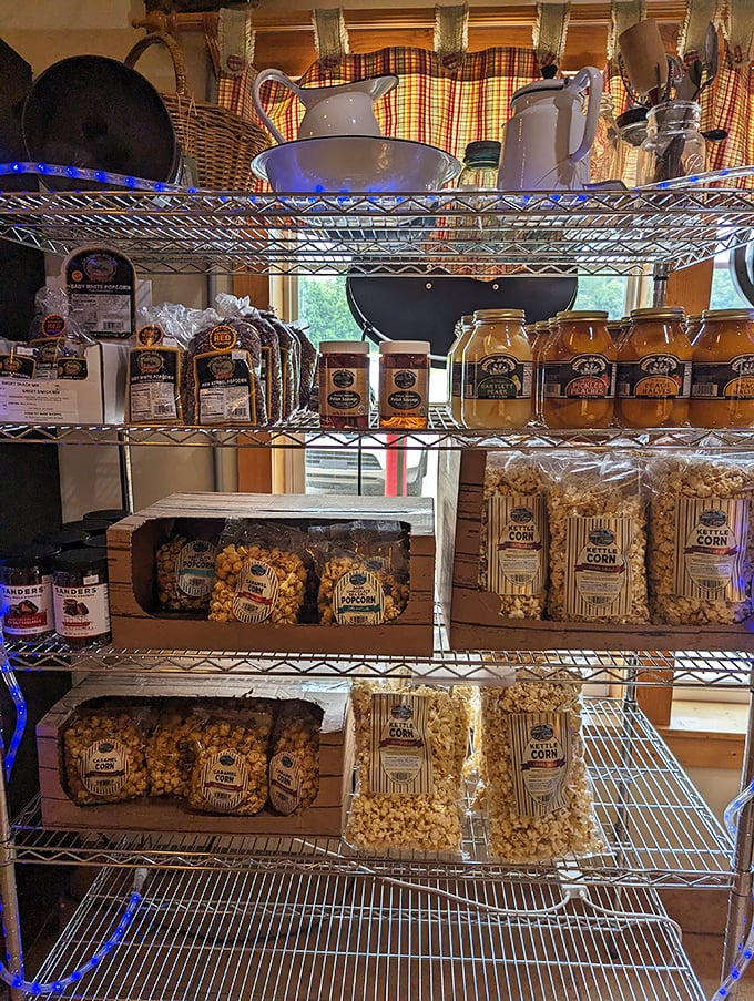 The country store shelves—where locally made popcorn and preserves wait patiently to become the souvenirs that make your friends jealous.