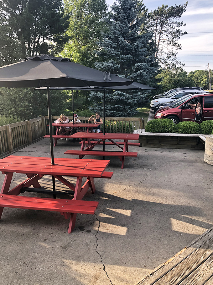 Red picnic tables under umbrellas create the perfect stage for the drama of melting ice cream versus determined eaters on summer afternoons.