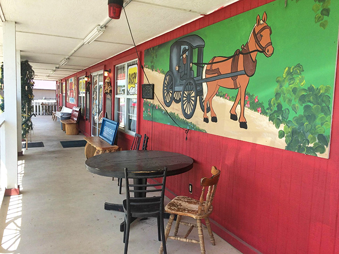 The porch with its hand-painted Amish buggy mural offers a moment of quiet contemplation – or the perfect spot to plan your second breakfast.