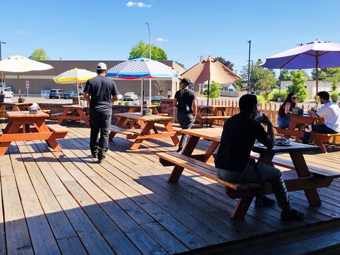 The wooden deck seating area offers the perfect stage for the main event—watching your friends' faces light up at first bite. 