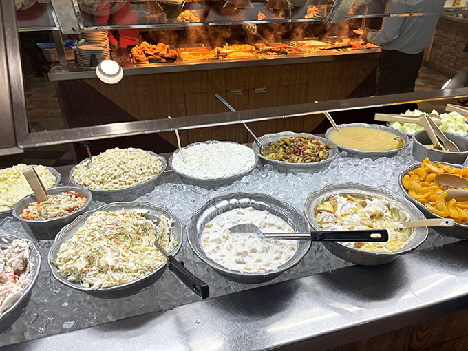 Cold salads nestled in ice—the supporting actors that deserve their own spinoff show. Creamy, crunchy counterpoints to the hot food headliners.