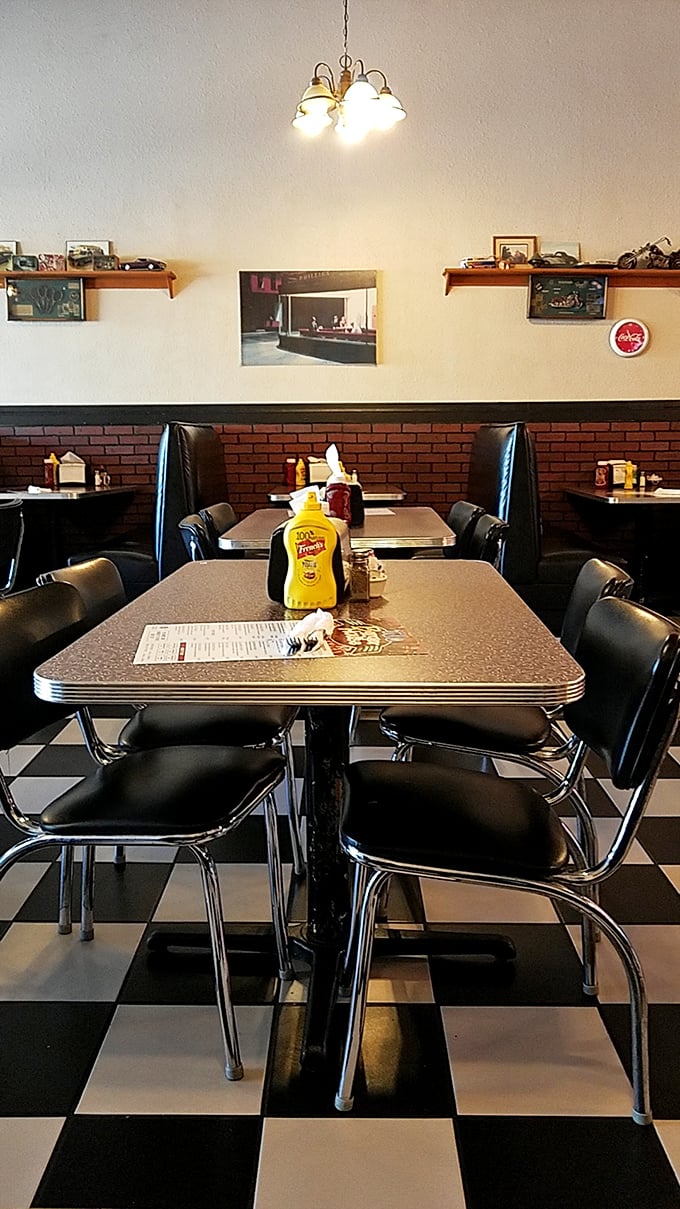 Retro diner aesthetic meets modern comfort. Those mustard bottles aren't condiments—they're time machines to simpler, tastier days.