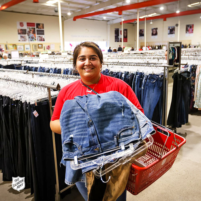 Denim victory! That smile says it all: finding perfectly fitting jeans for less than a fancy coffee is retail nirvana.