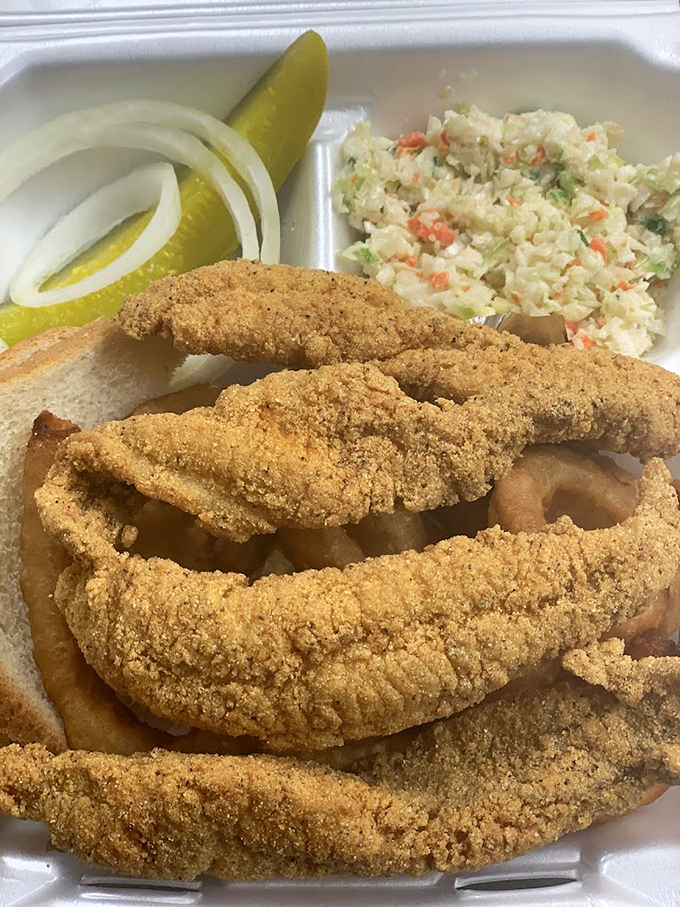 Southern hospitality on a plate – golden catfish fillets with perfectly seasoned cornmeal coating that shatters with each glorious bite.