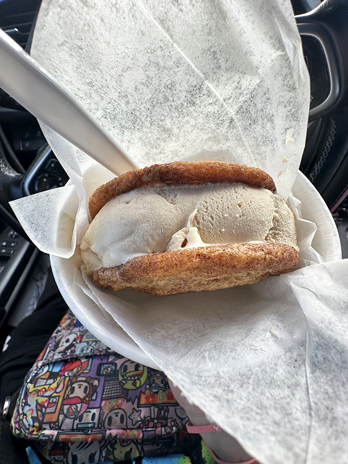 An ice cream sandwich enjoyed in the car – because some delights simply can't wait for you to get home. Dashboard dining at its finest. 