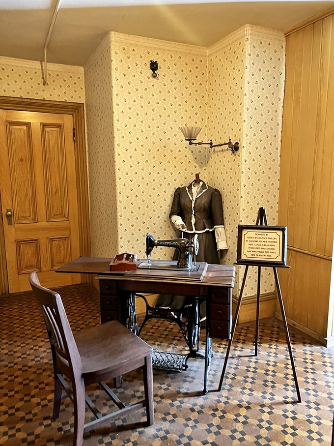This vintage sewing room stands frozen in time, much like its owner's belief that continuous construction would somehow keep malevolent spirits at bay.